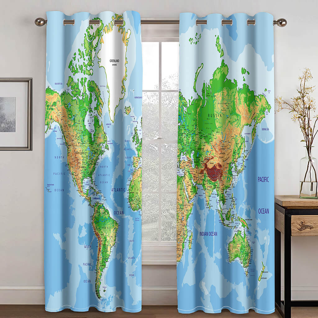 World Map Curtains Blackout Window Treatments Drapes for Room Decorati ...
